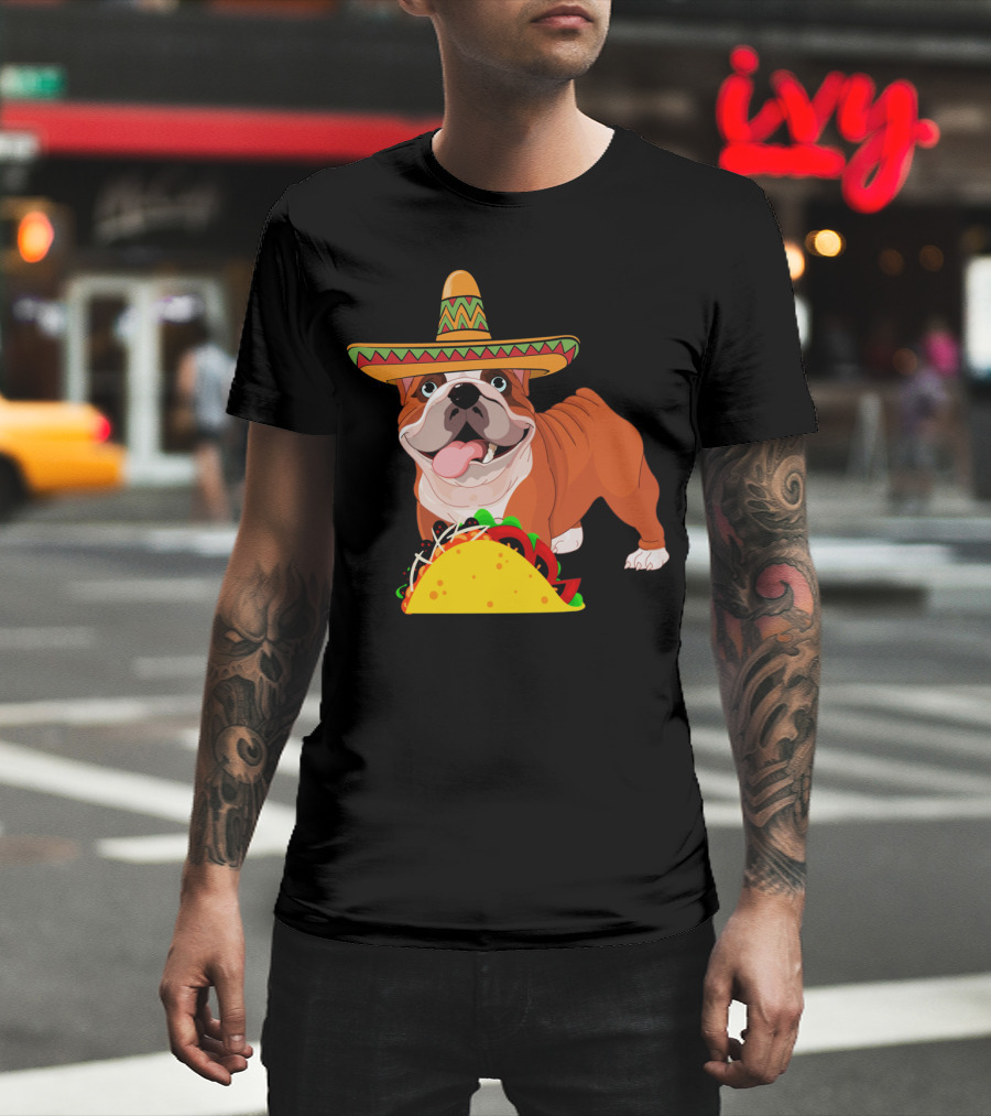 Funny Cinco De Mayo Bulldog Wear Sombrero Taco Fiesta T-Shirt