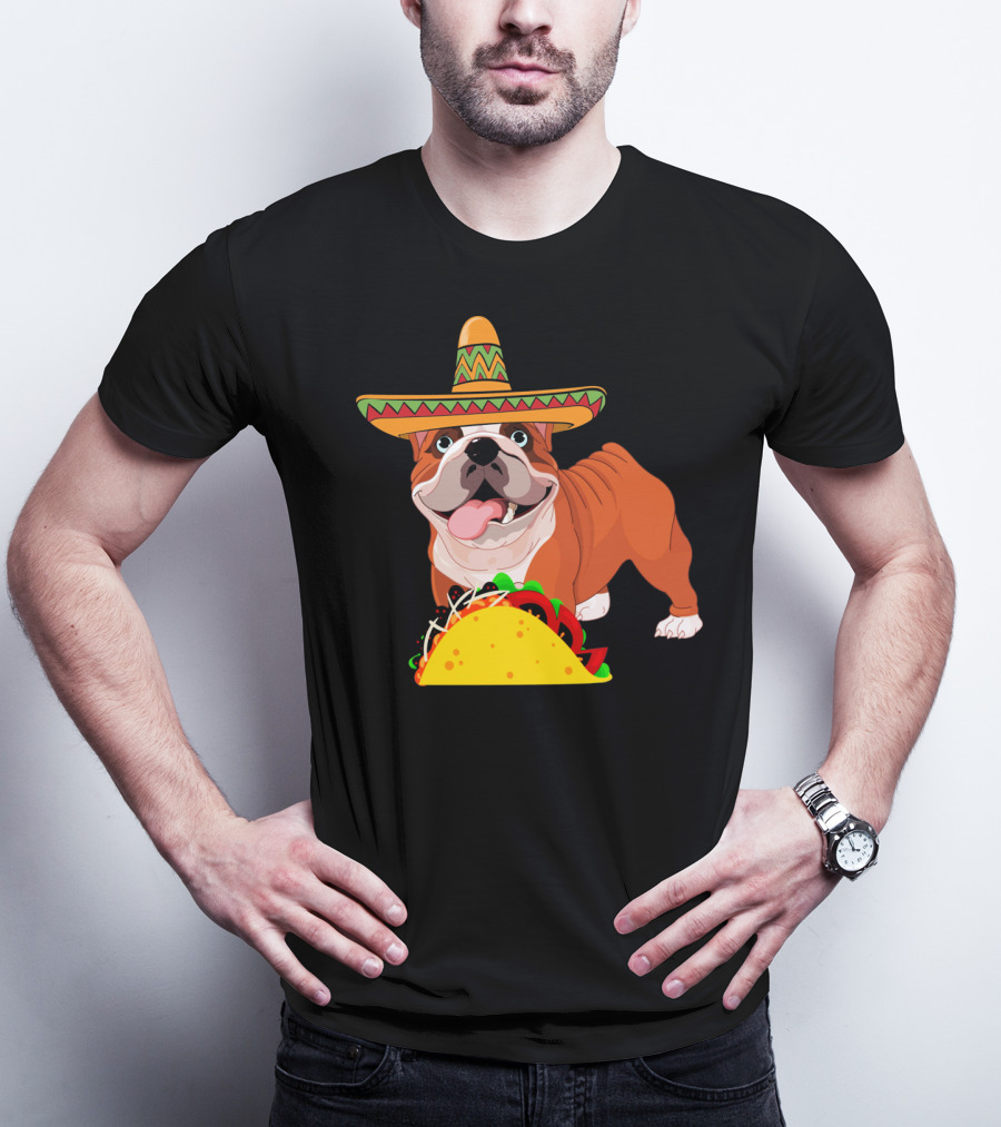 Funny Cinco De Mayo Bulldog Wear Sombrero Taco Fiesta T-Shirt