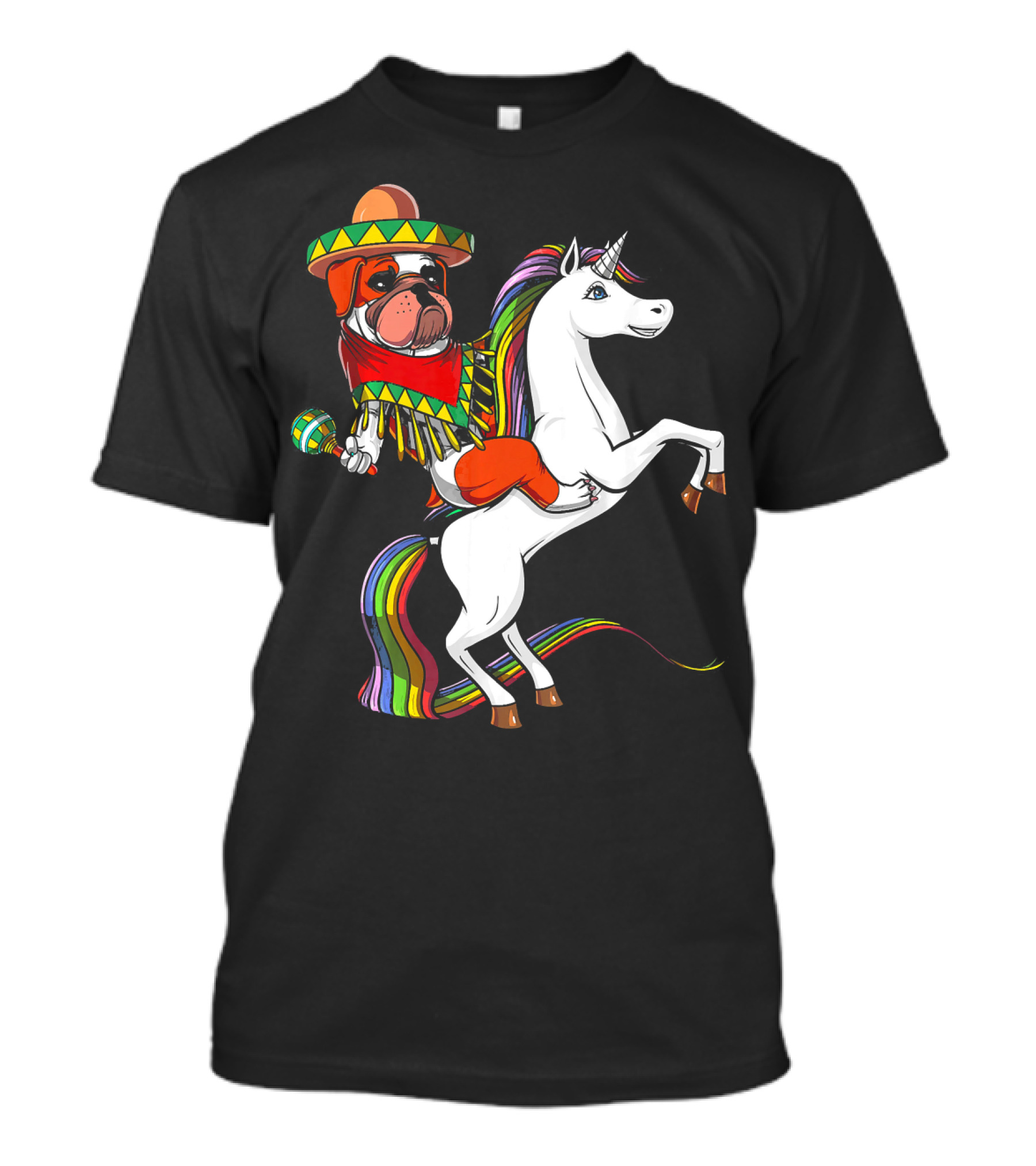 English Bulldog Riding Unicorn Cinco De Mayo Fiesta Hat And Maracas T-Shirt
