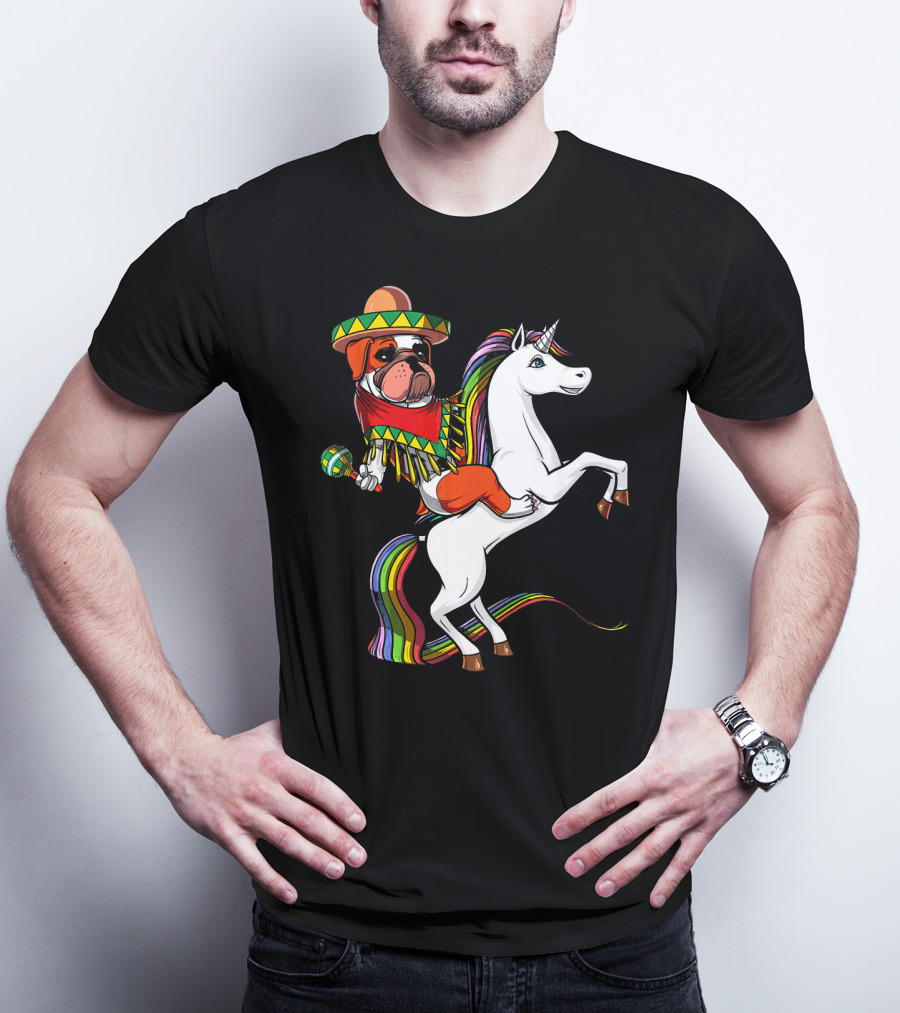 English Bulldog Riding Unicorn Cinco De Mayo Fiesta Hat And Maracas T-Shirt