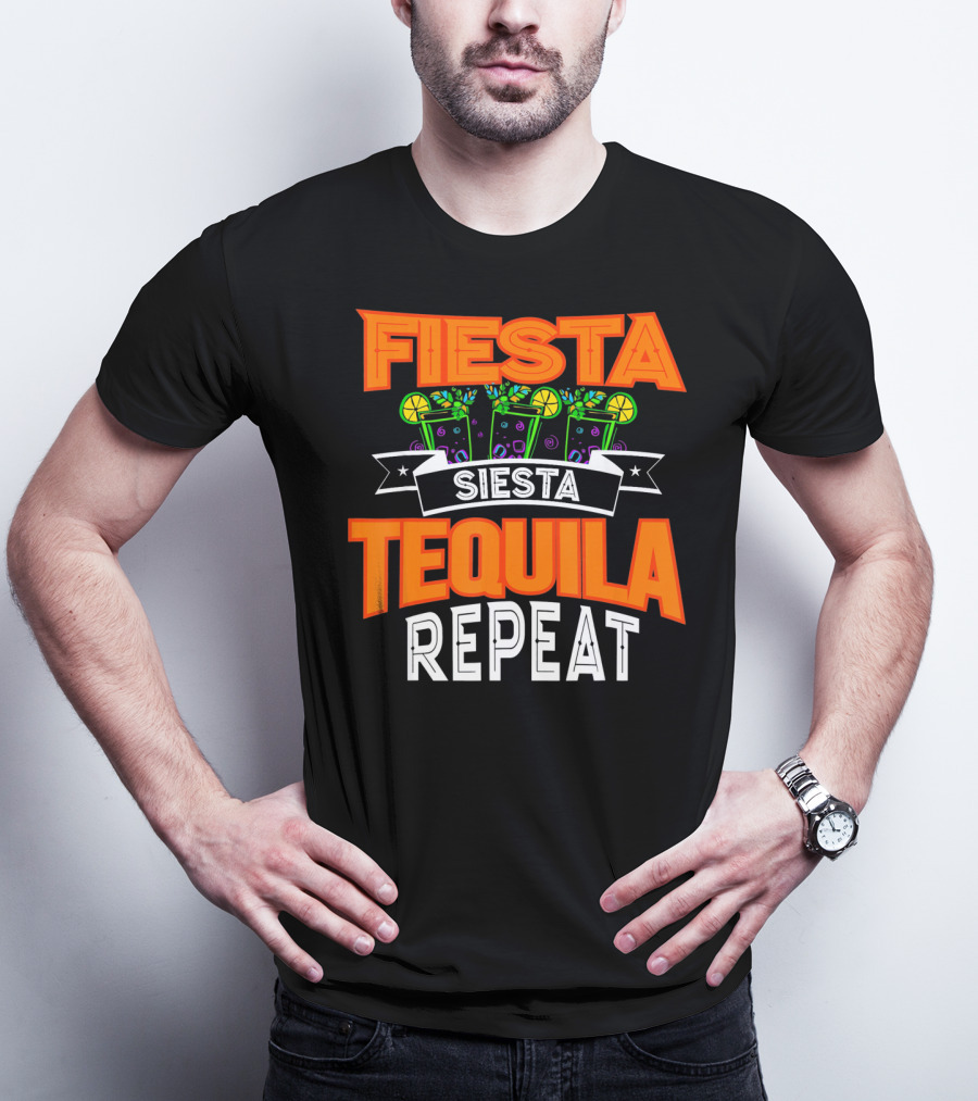 Fiesta Siesta Tequila Repeat Drinker Cin Colorful Margarita Glasses Lime Party T-Shirt