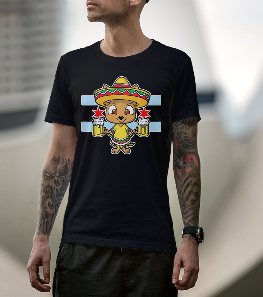 Cinco De Mayo Chicago Chihuahua Sombrero Poncho Beer Stars T-Shirt