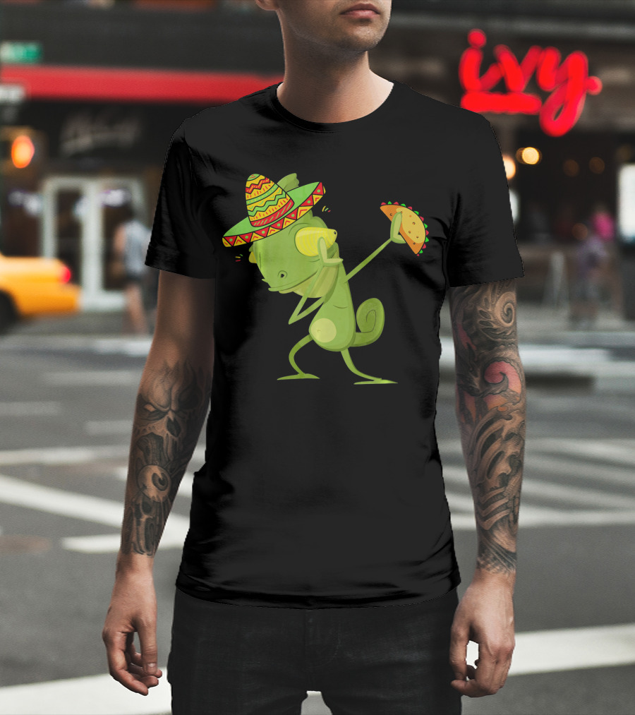 Funny Lizard Dabbing Sombrero Taco Cinco De Mayo T-Shirt