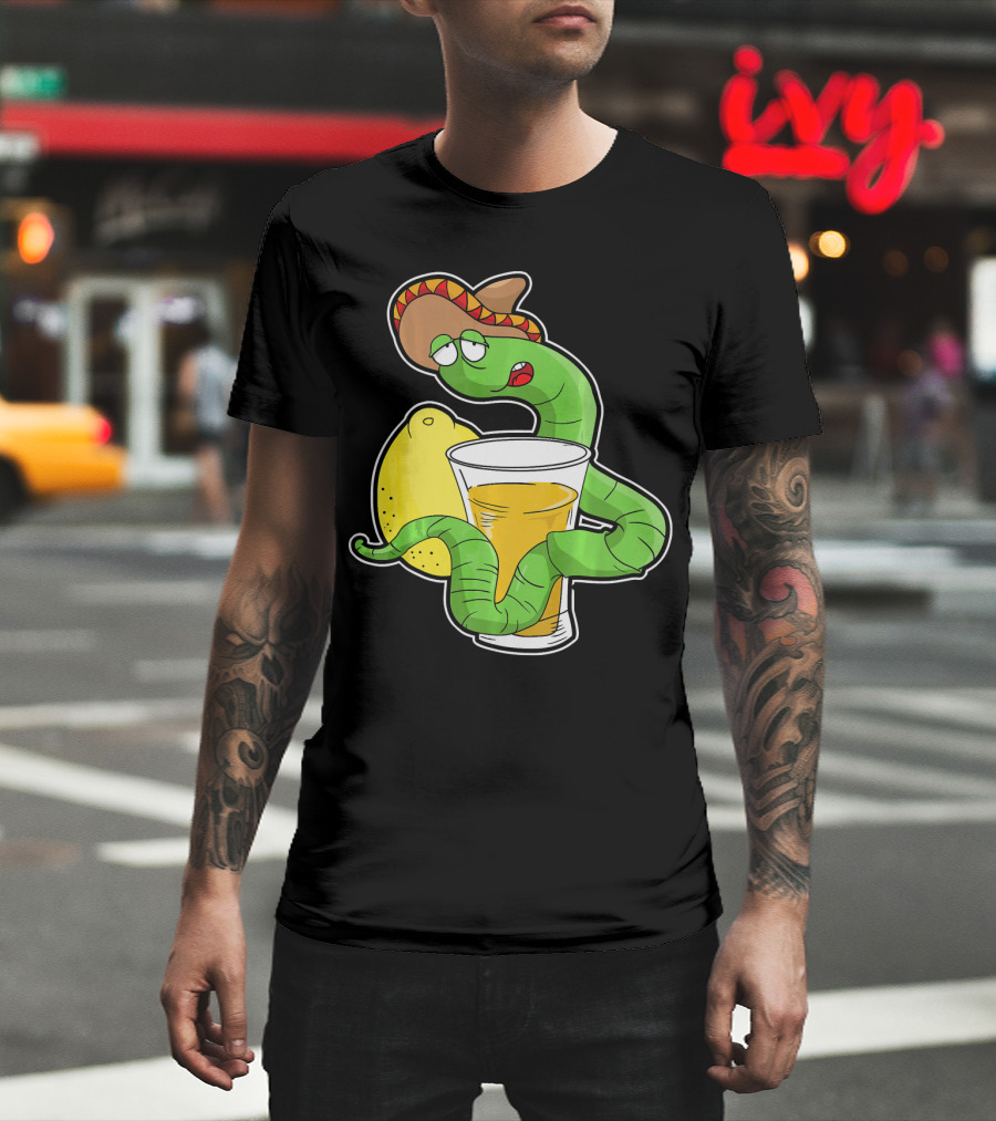 Funny Drunk Tequila Worm With Shot And Lemon Party Vibes T-Shirt