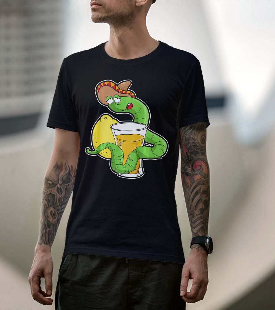 Funny Drunk Tequila Worm With Shot And Lemon Party Vibes T-Shirt