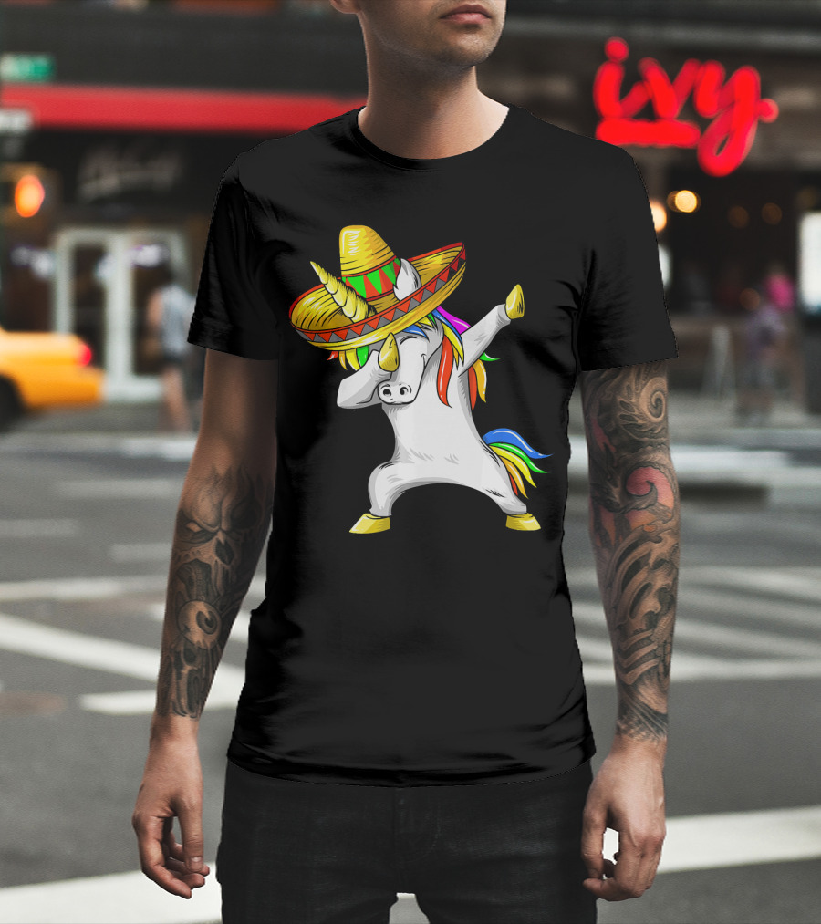 Dabbing Cinco De Mayo Unicorn With Sombrero And Rainbow Mane T-Shirt