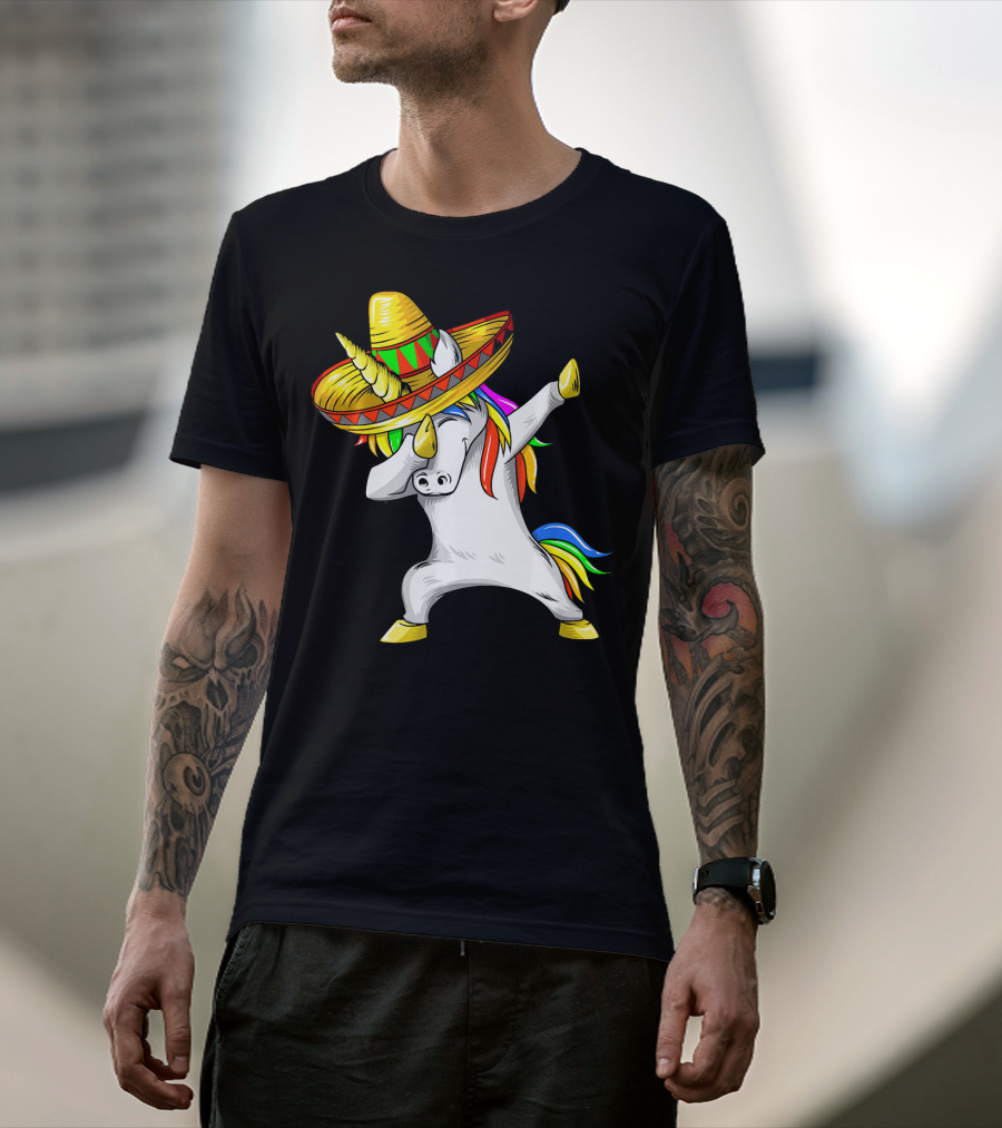 Dabbing Cinco De Mayo Unicorn With Sombrero And Rainbow Mane T-Shirt
