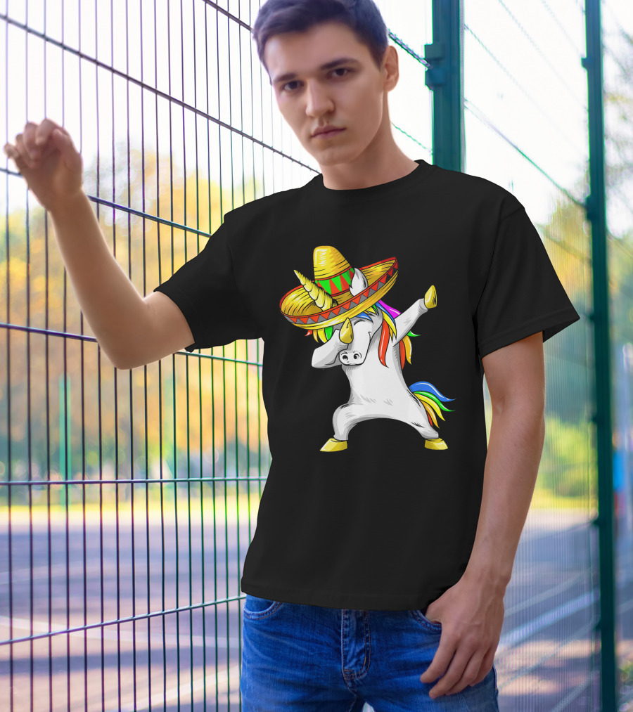 Dabbing Cinco De Mayo Unicorn With Sombrero And Rainbow Mane T-Shirt
