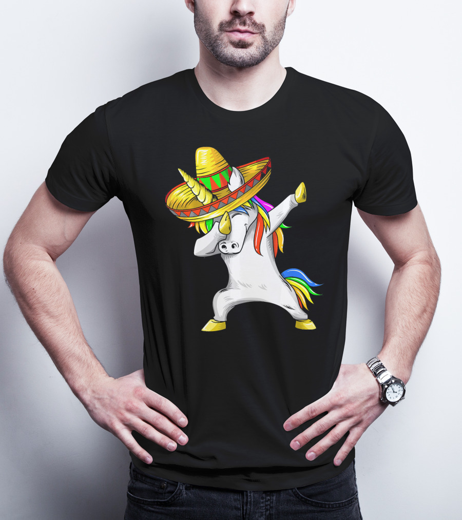 Dabbing Cinco De Mayo Unicorn With Sombrero And Rainbow Mane T-Shirt