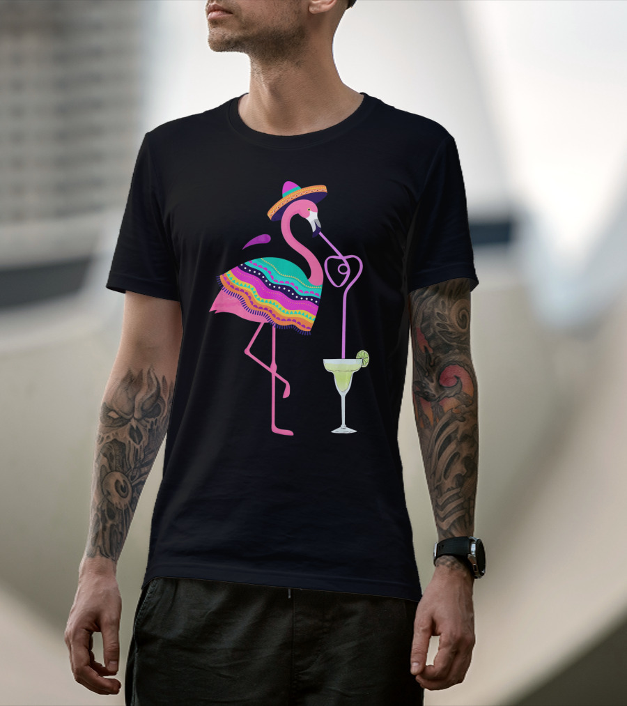 Cinco De Mayo Flamingo With Margarita And Sombrero Fun T-Shirt