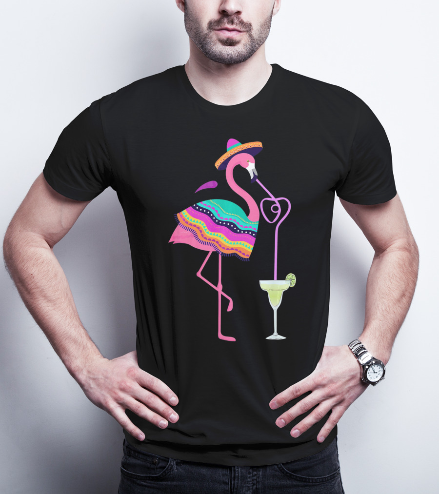 Cinco De Mayo Flamingo With Margarita And Sombrero Fun T-Shirt