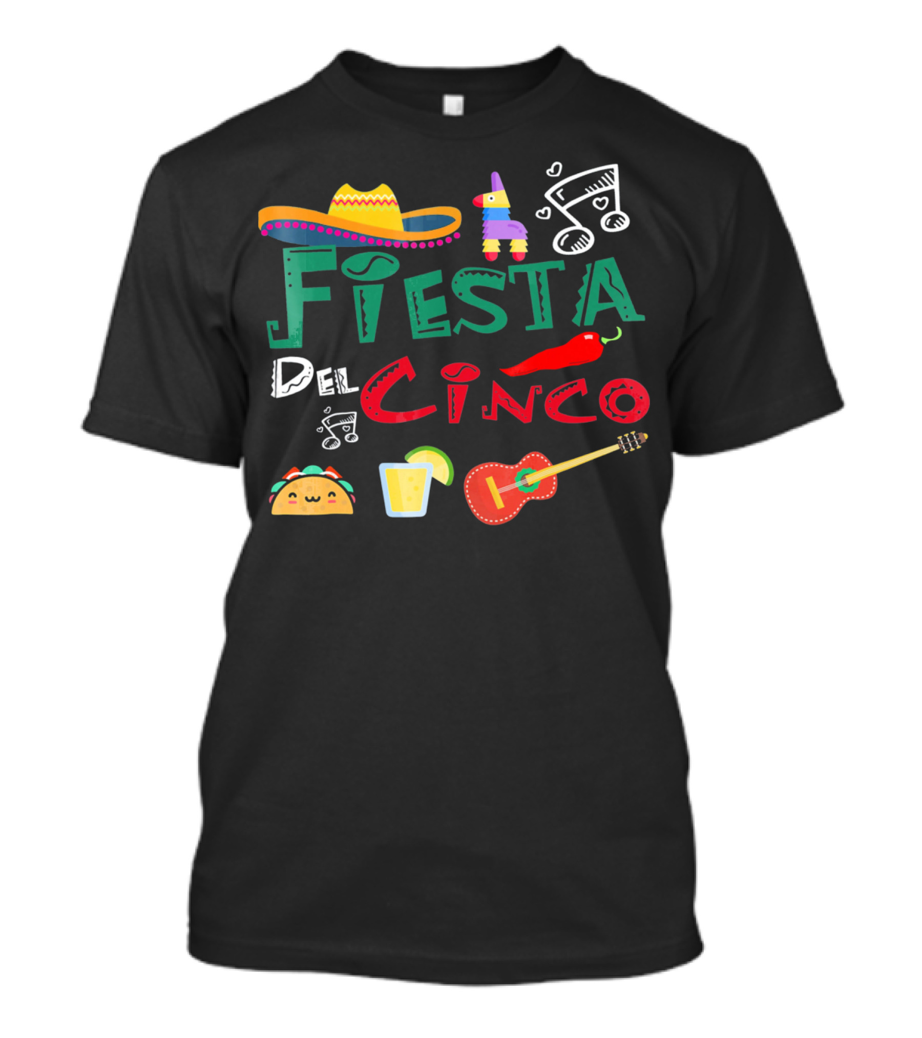 Fiesta Del Cinco Sombrero Piñata Taco Guitar Jalapeño Music Notes T-Shirt
