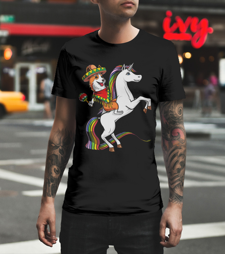 Corgi Riding Unicorn In Sombrero With Maracas Cinco De Mayo Mexic Fiesta T-Shirt