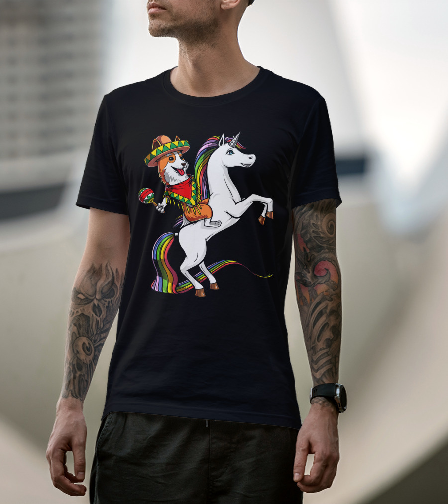 Corgi Riding Unicorn In Sombrero With Maracas Cinco De Mayo Mexic Fiesta T-Shirt