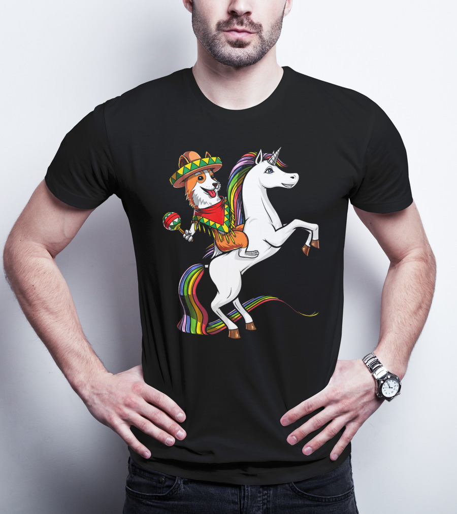 Corgi Riding Unicorn In Sombrero With Maracas Cinco De Mayo Mexic Fiesta T-Shirt
