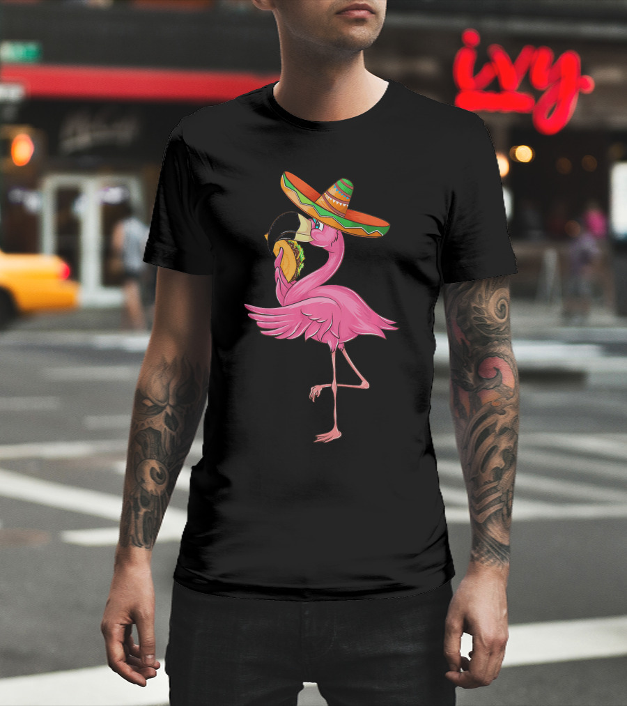 Cute Flamingo With Taco And Sombrero For Cinco De Mayo T-Shirt