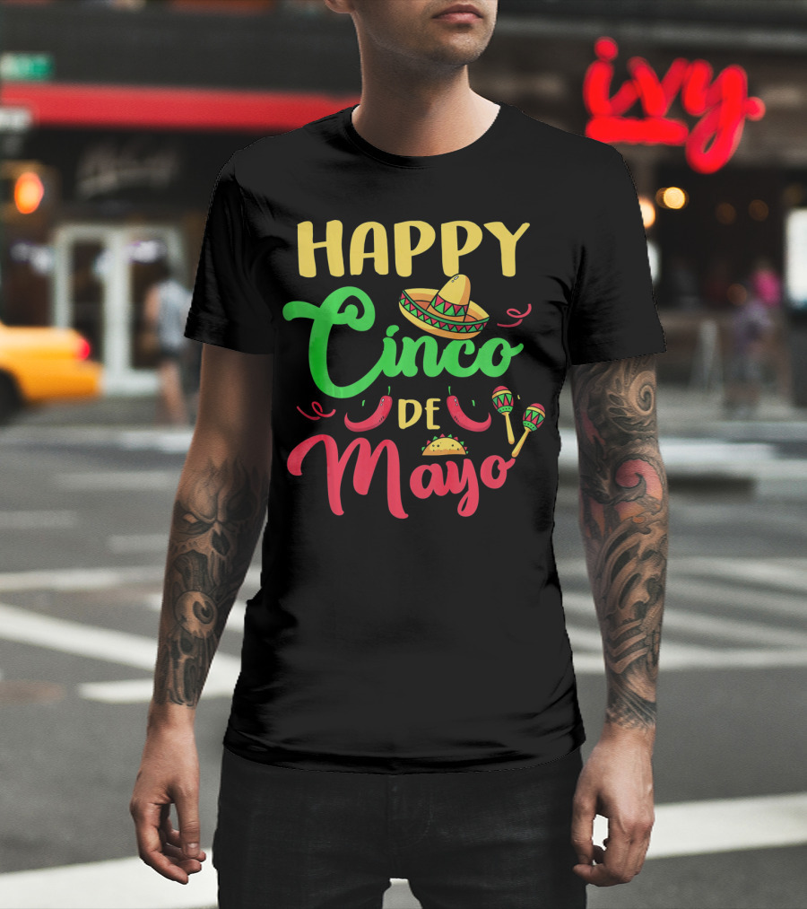 Happy Cinco De Mayo Sombrero Taco Maracas Peppers T-Shirt