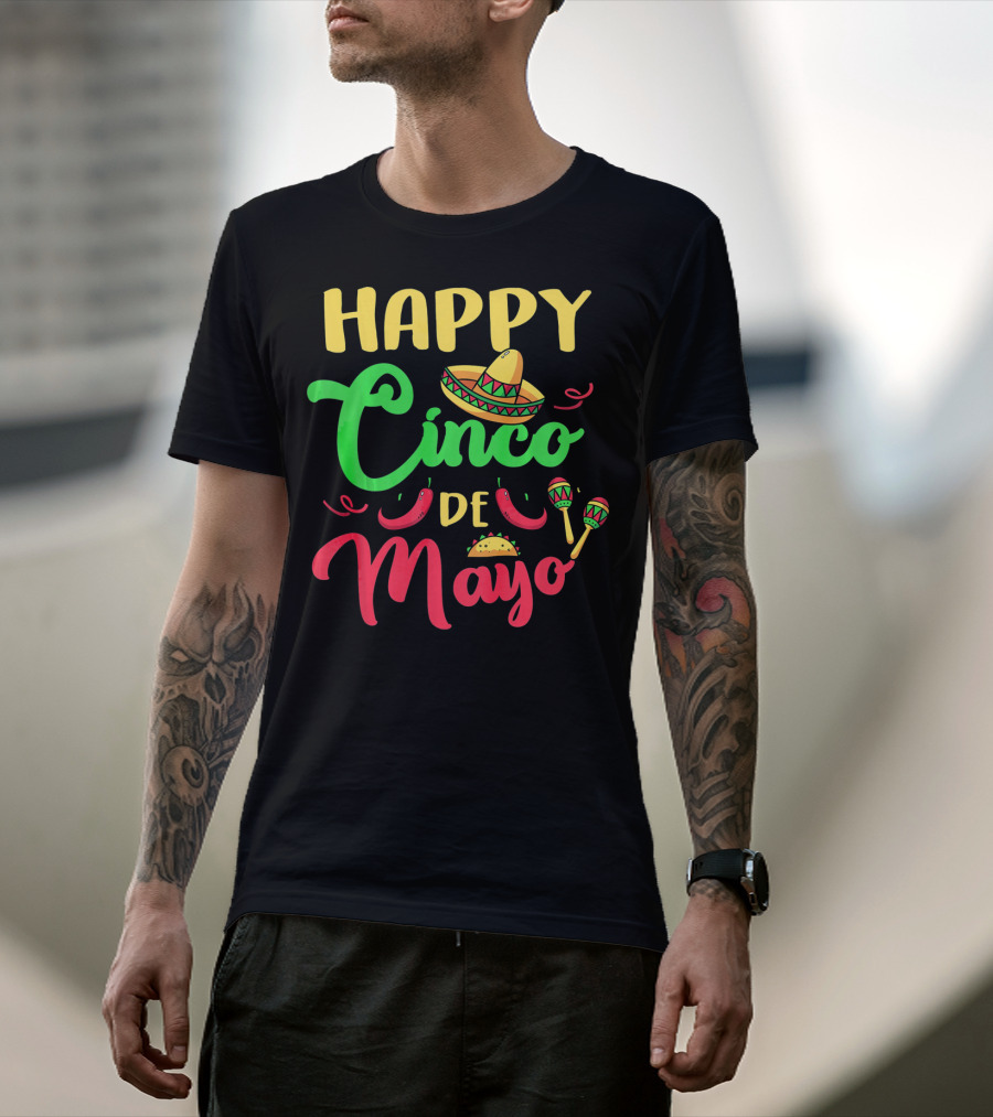 Happy Cinco De Mayo Sombrero Taco Maracas Peppers T-Shirt