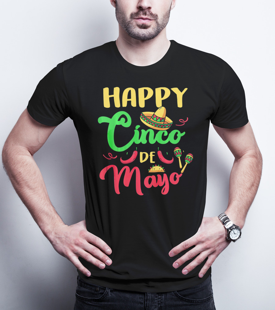 Happy Cinco De Mayo Sombrero Taco Maracas Peppers T-Shirt
