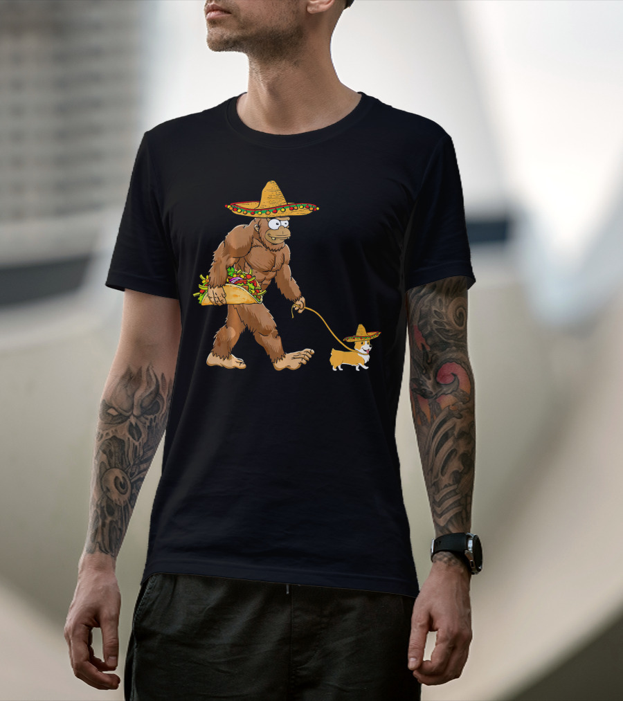 Bigfoot Sombrero Taco Corgi Dog Cinco De Mayo T-Shirt