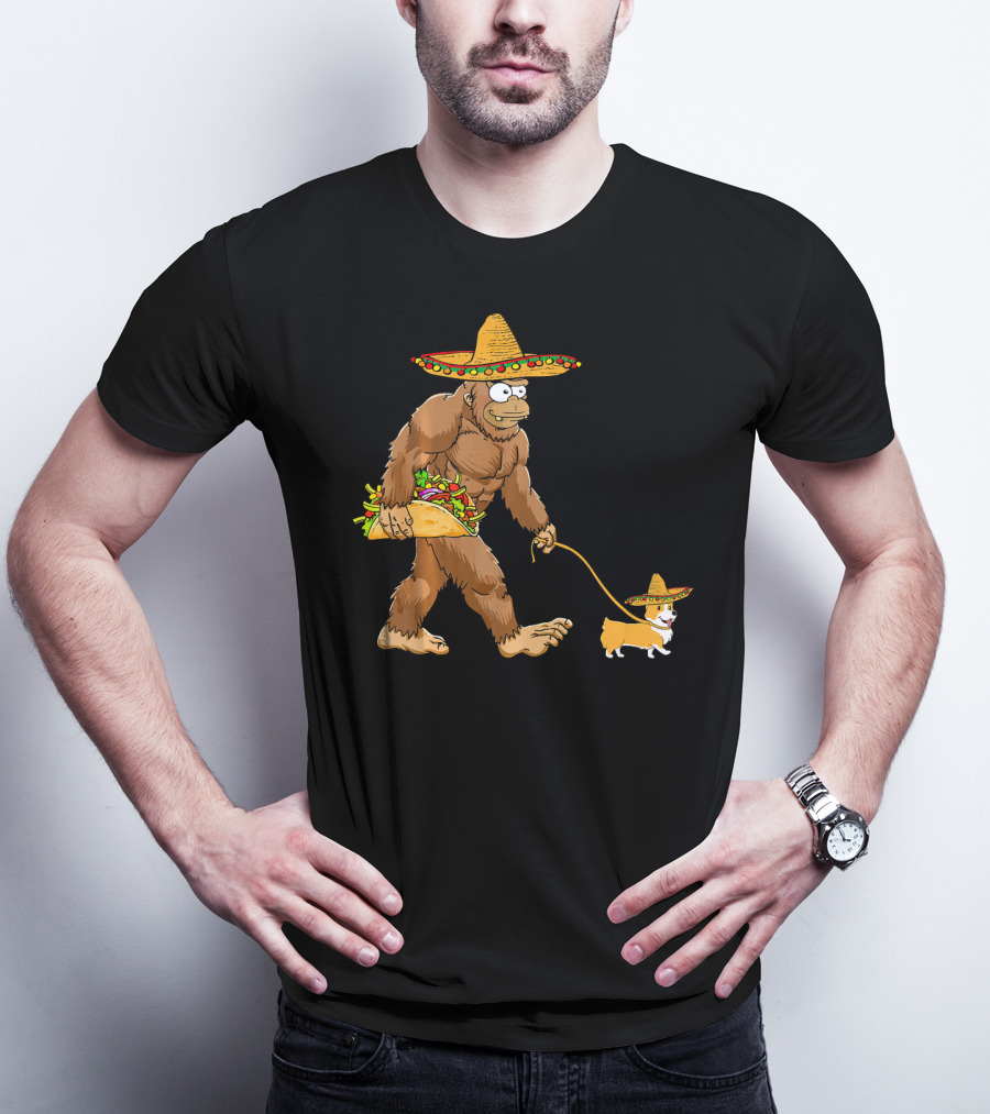 Bigfoot Sombrero Taco Corgi Dog Cinco De Mayo T-Shirt