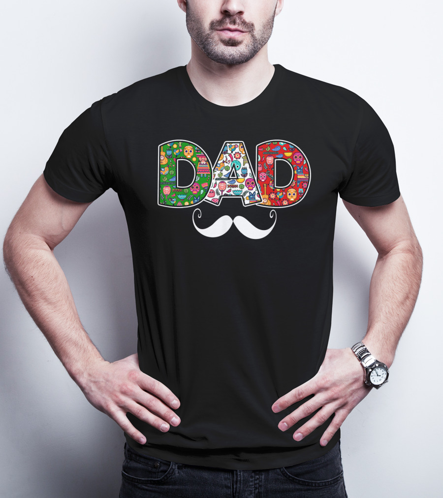 Mens Mexico Skull Maracas Sombrero Dad Mustache Colorful Icons T-Shirt