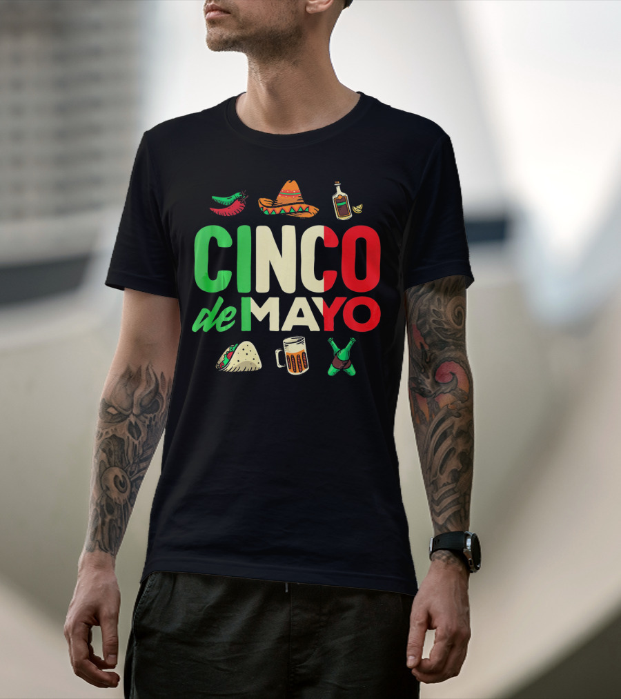 Cinco De Mayo Fiesta Sombrero Taco Beer Bottle Peppers T-Shirt