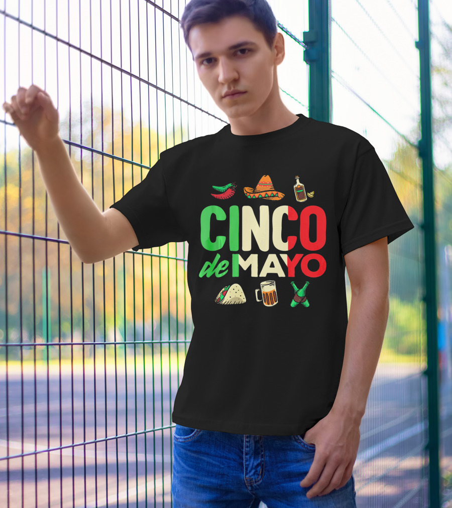 Cinco De Mayo Fiesta Sombrero Taco Beer Bottle Peppers T-Shirt