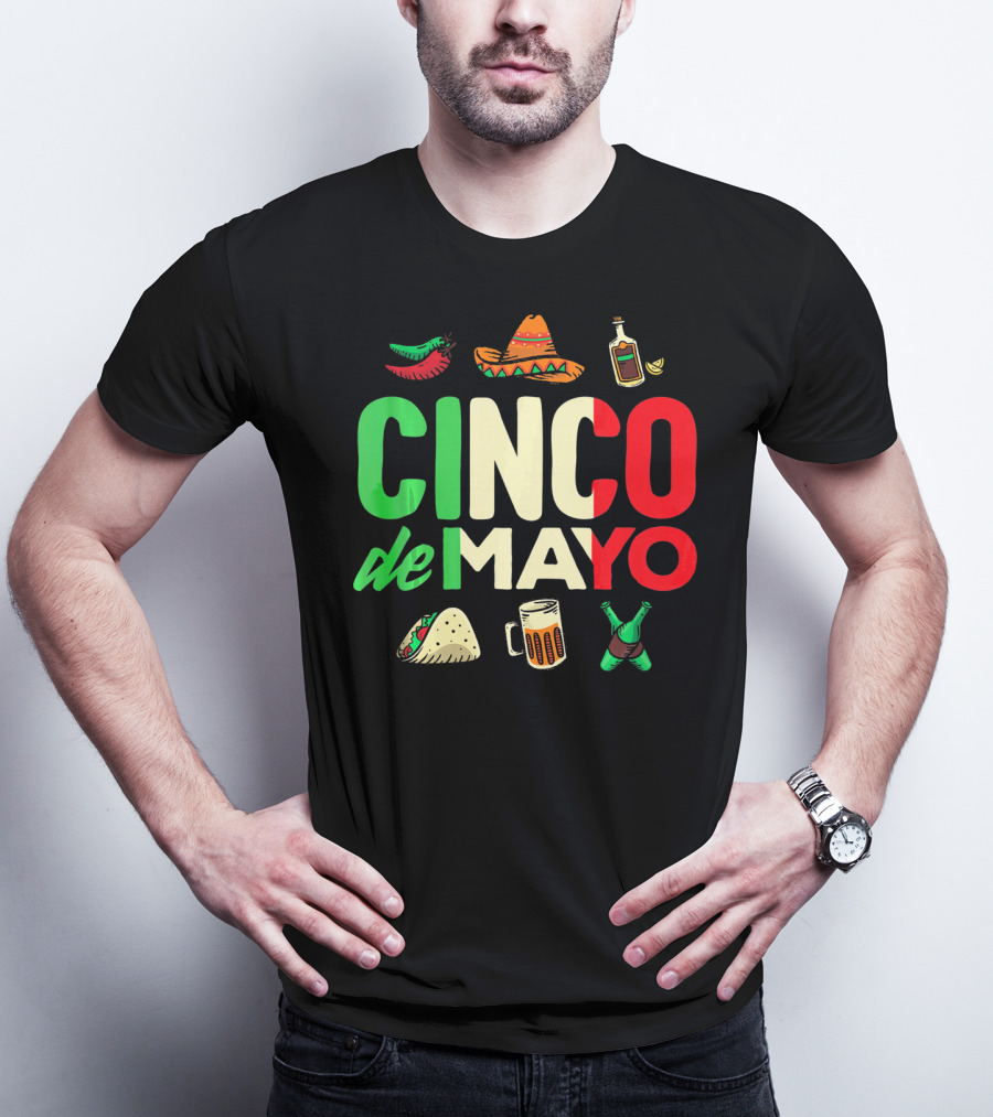 Cinco De Mayo Fiesta Sombrero Taco Beer Bottle Peppers T-Shirt