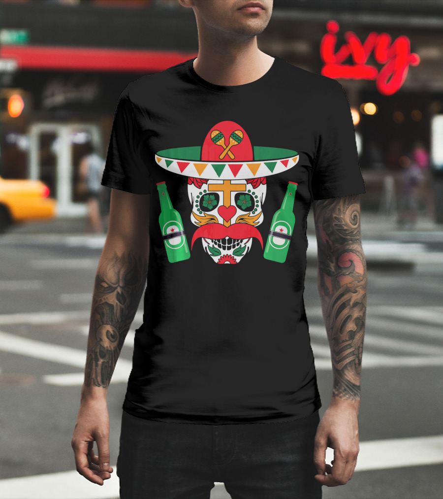 Cinco De Mayo Sugar Skull With Sombrero Maracas And Beer Bottles Mexi T-Shirt