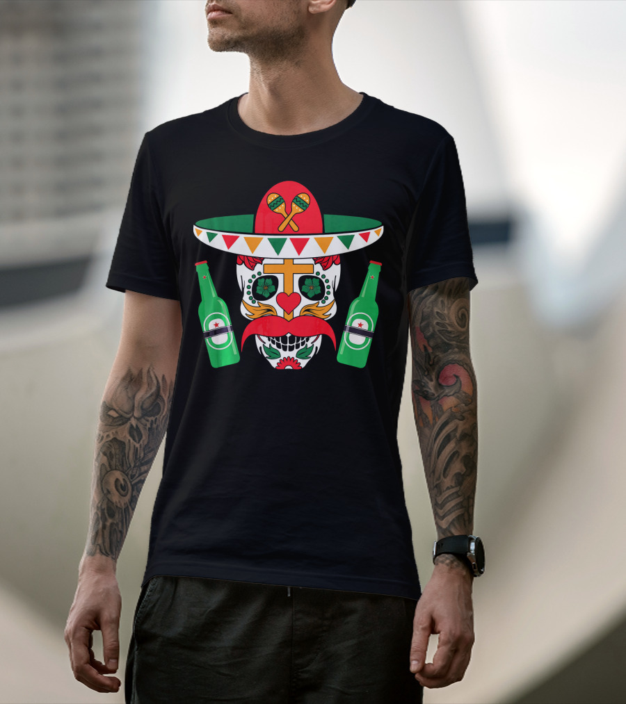 Cinco De Mayo Sugar Skull With Sombrero Maracas And Beer Bottles Mexi T-Shirt