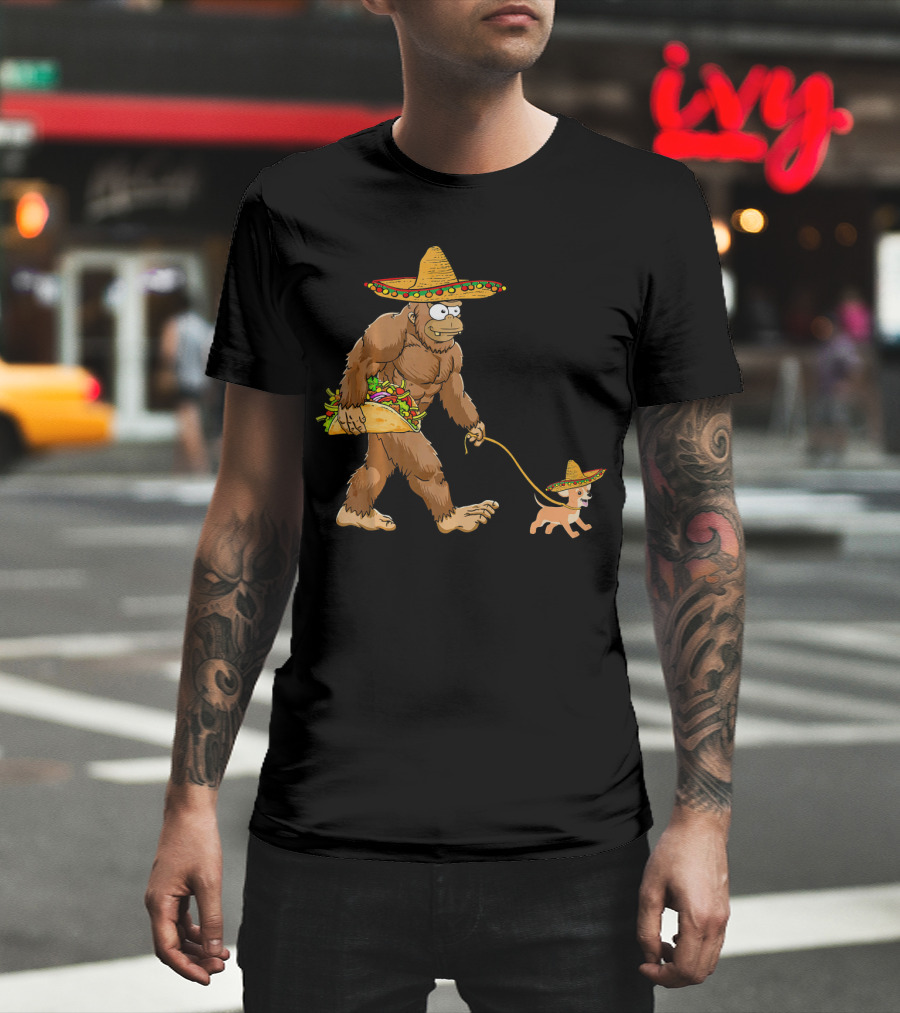 Bigfoot Taco Sombrero Chihuahua Dog Walking Cinco De Mayo T-Shirt