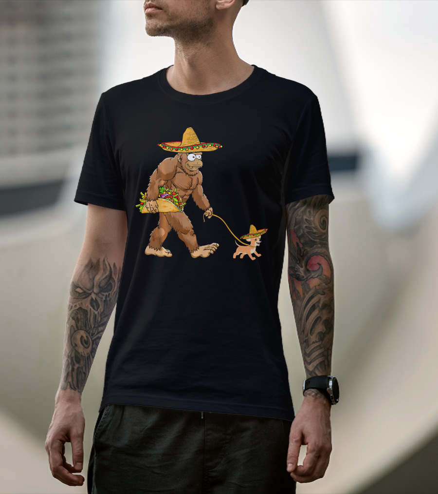 Bigfoot Taco Sombrero Chihuahua Dog Walking Cinco De Mayo T-Shirt