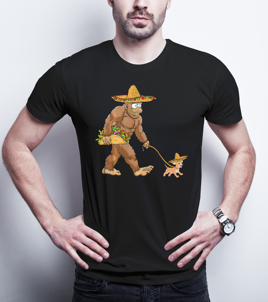Bigfoot Taco Sombrero Chihuahua Dog Walking Cinco De Mayo T-Shirt