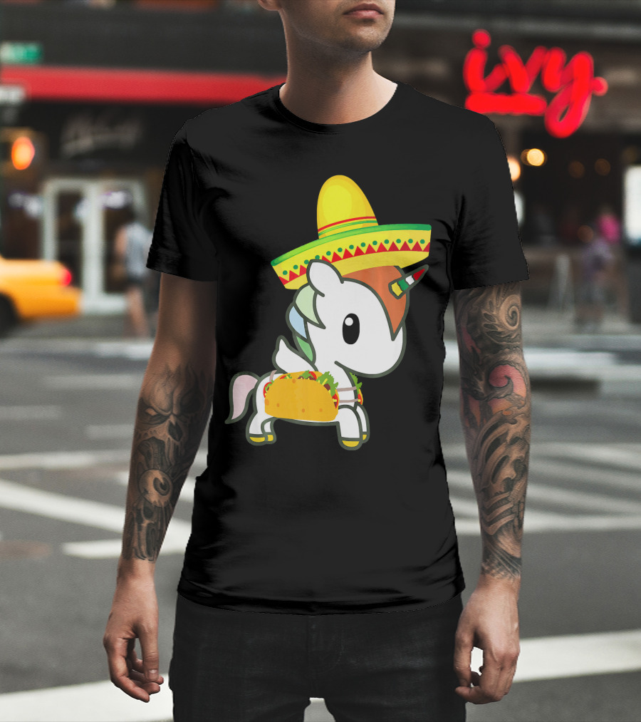 Chibi Cinco De Mayo Unicorn Wearing Sombrero Taco T-Shirt