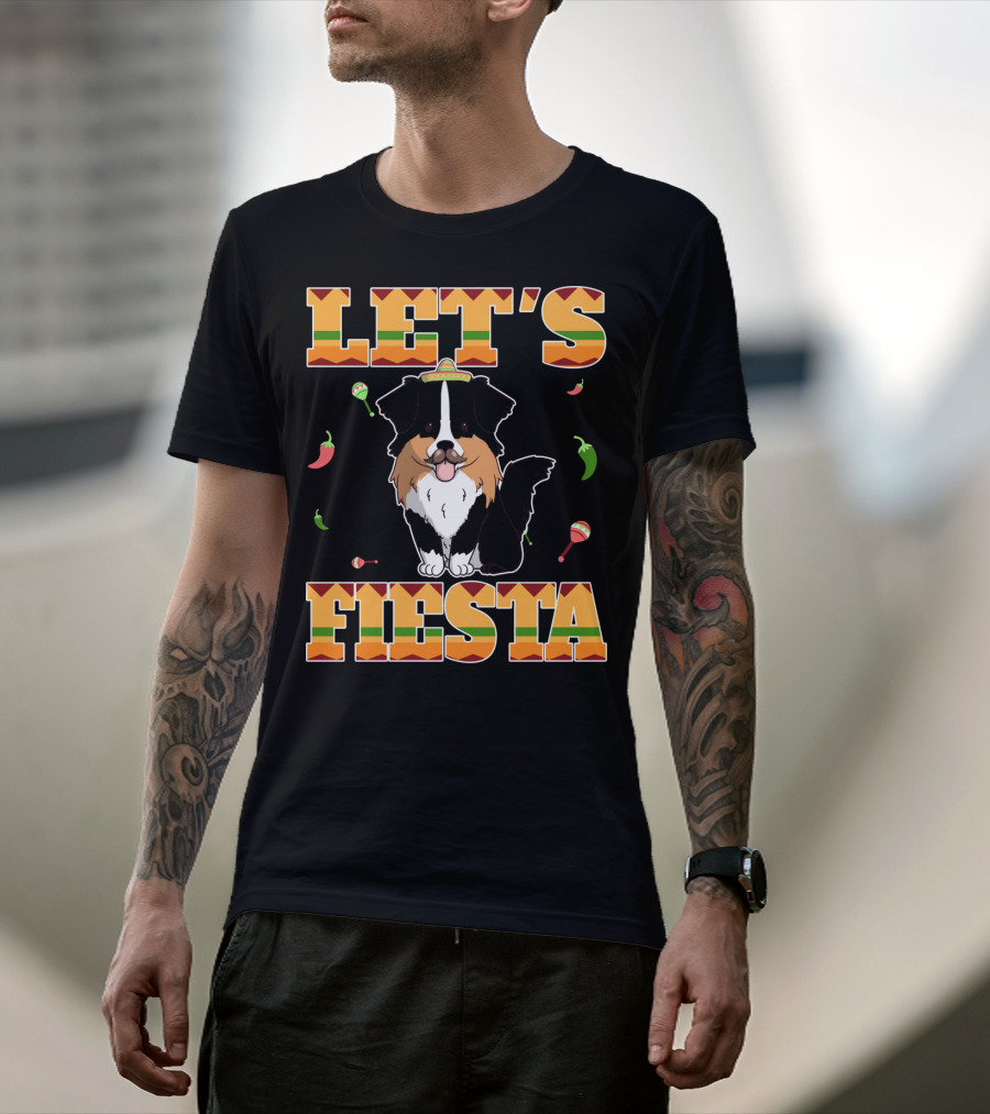 Let's Fiesta Australian Shepherd Dog Sombrero Maracas Peppers T-Shirt