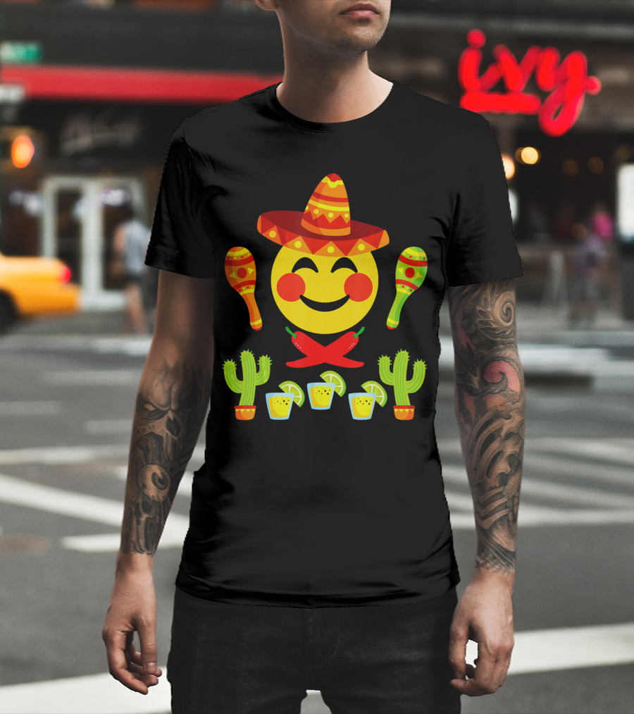 Happy Emoji Cinco De Mayo Mexican Fiesta Celebration Elements T-Shirt