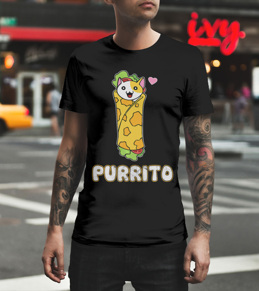 Purrito Kitten Wrapped In Burrito With Heart And Taco Cat Expression T-Shirt
