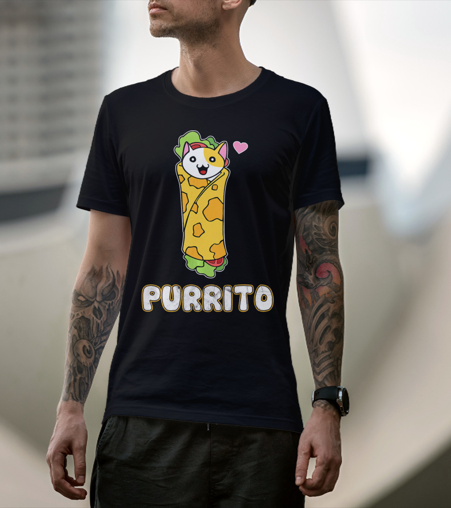 Purrito Kitten Wrapped In Burrito With Heart And Taco Cat Expression T-Shirt