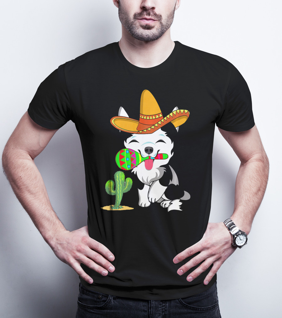 Cute Husky Dog With Sombrero And Maracas Cinco De Mayo 5th Of May T-Shirt