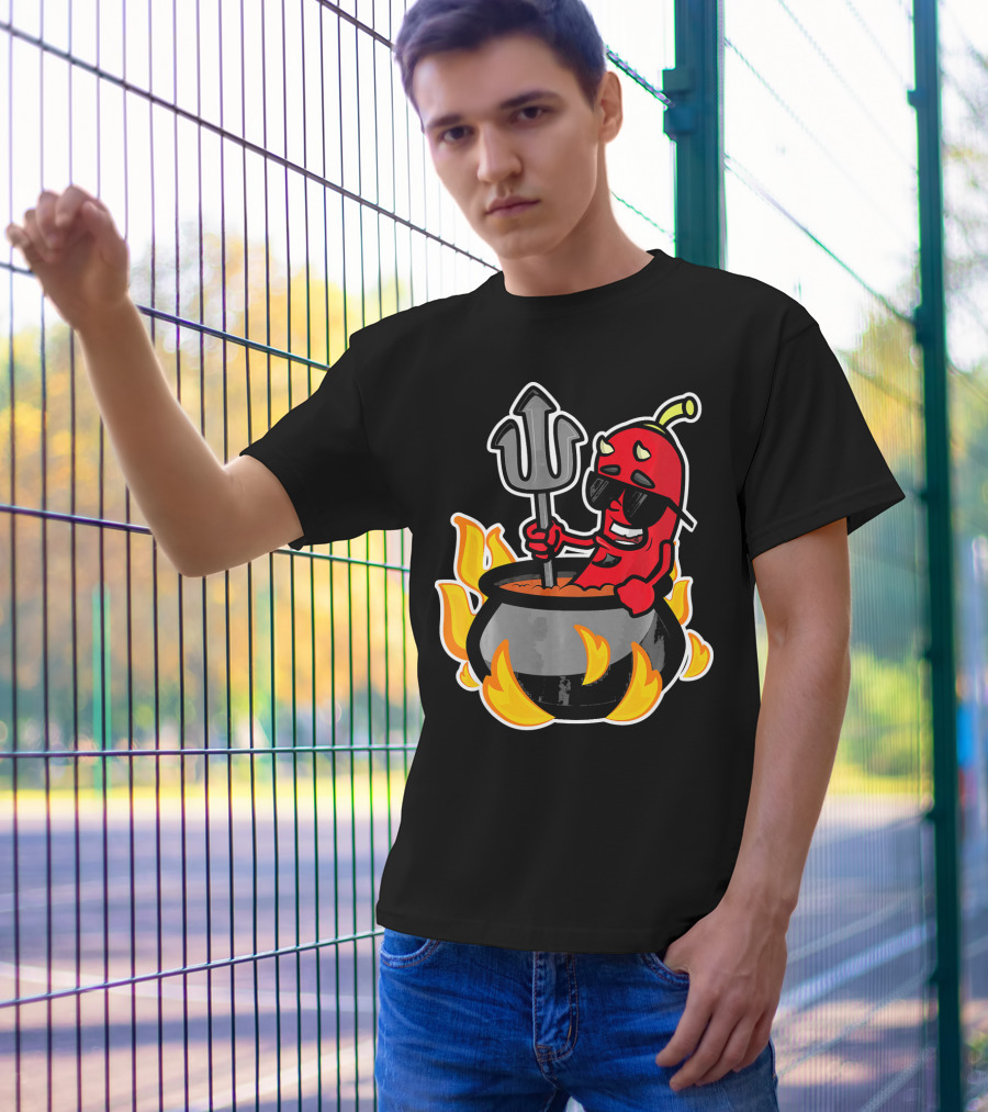 Funny Chili Pepper Devil In Fiery Pot Cinco De Mayo T-Shirt