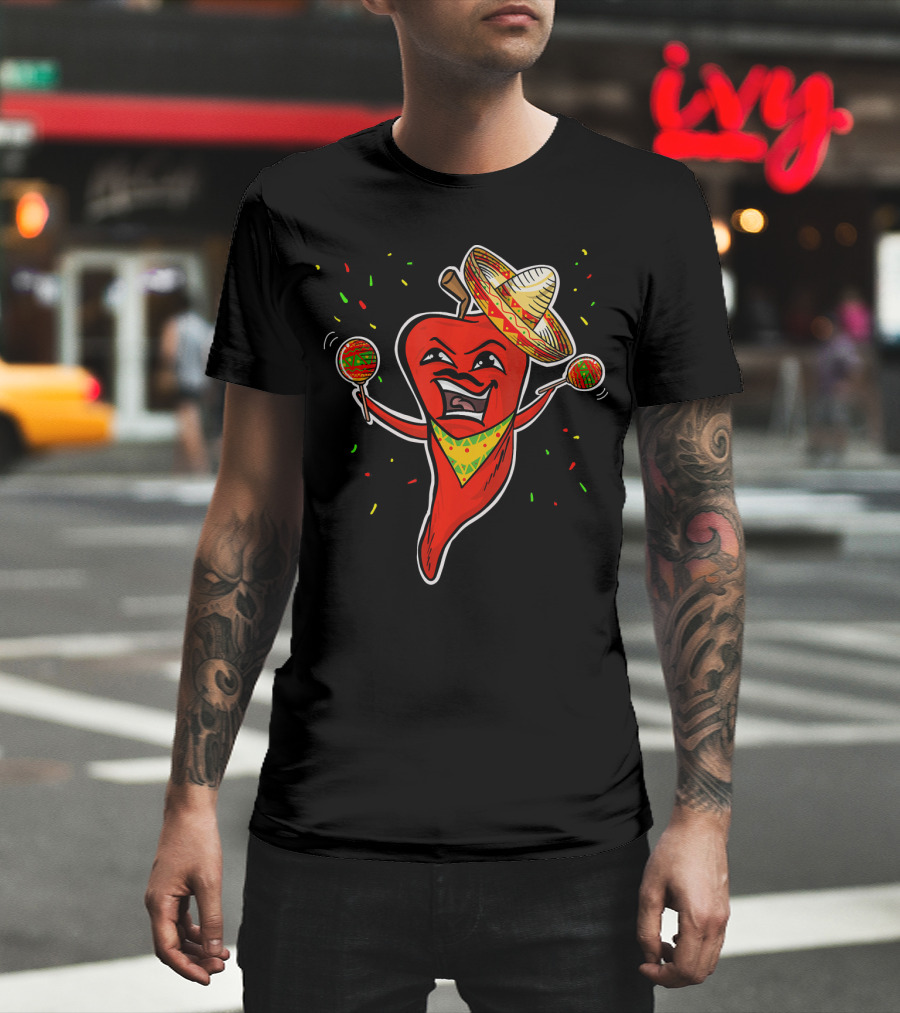 Red Pepper Sombrero Maracas Fiesta Cinco De Mayo T-Shirt
