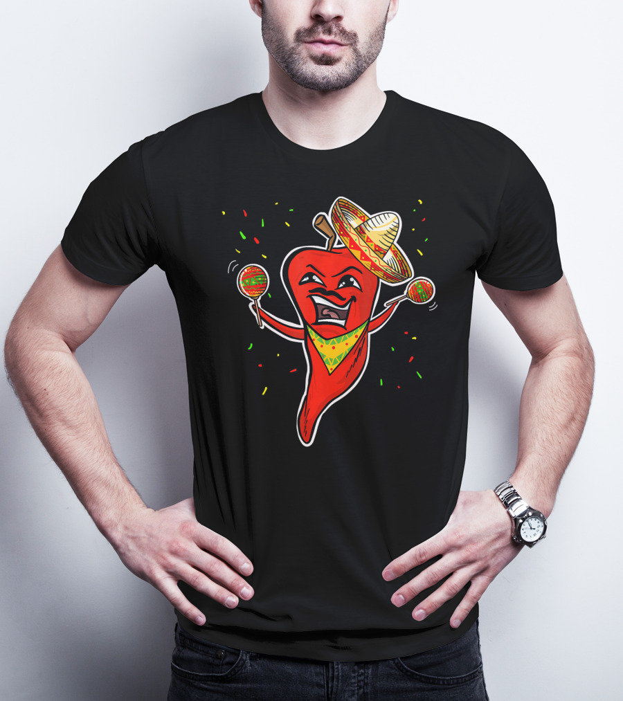 Red Pepper Sombrero Maracas Fiesta Cinco De Mayo T-Shirt