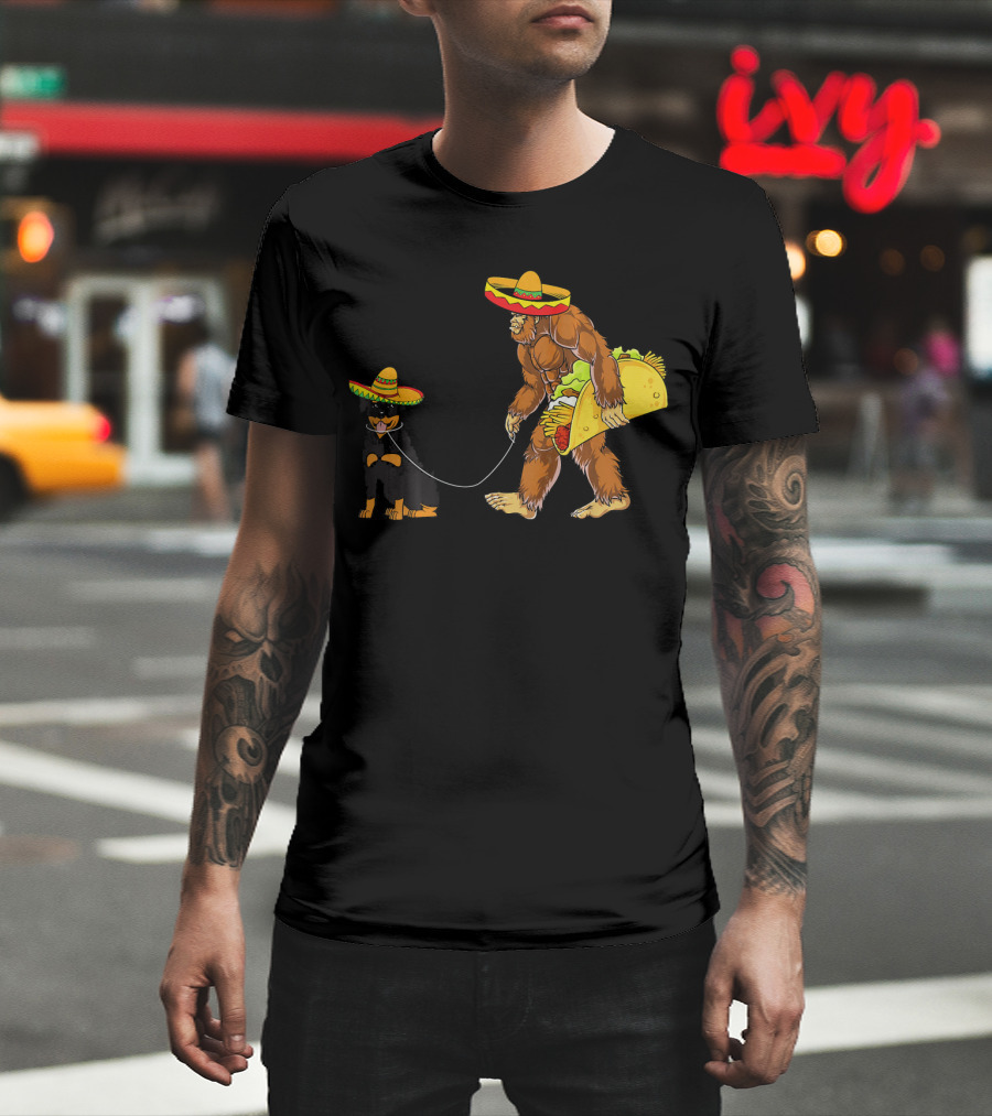 Cinco De Mayo Bigfoot Walking Rottweiler Taco Sombrero T-Shirt