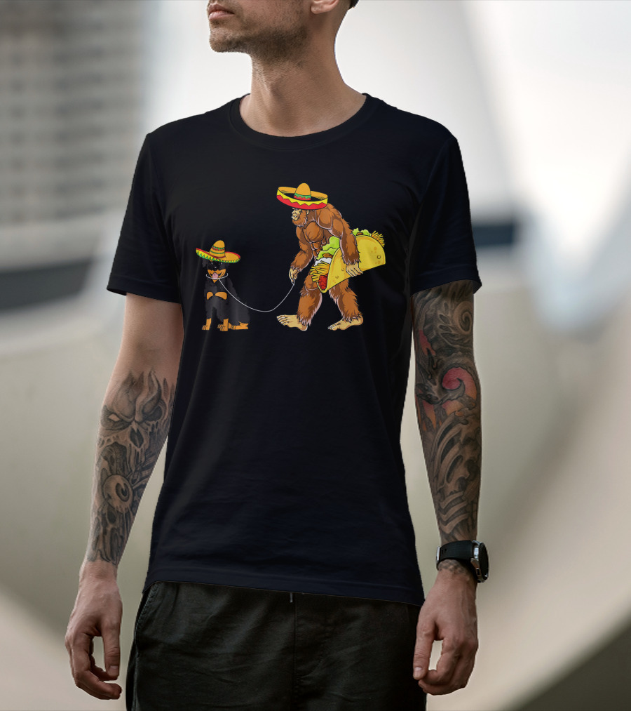 Cinco De Mayo Bigfoot Walking Rottweiler Taco Sombrero T-Shirt