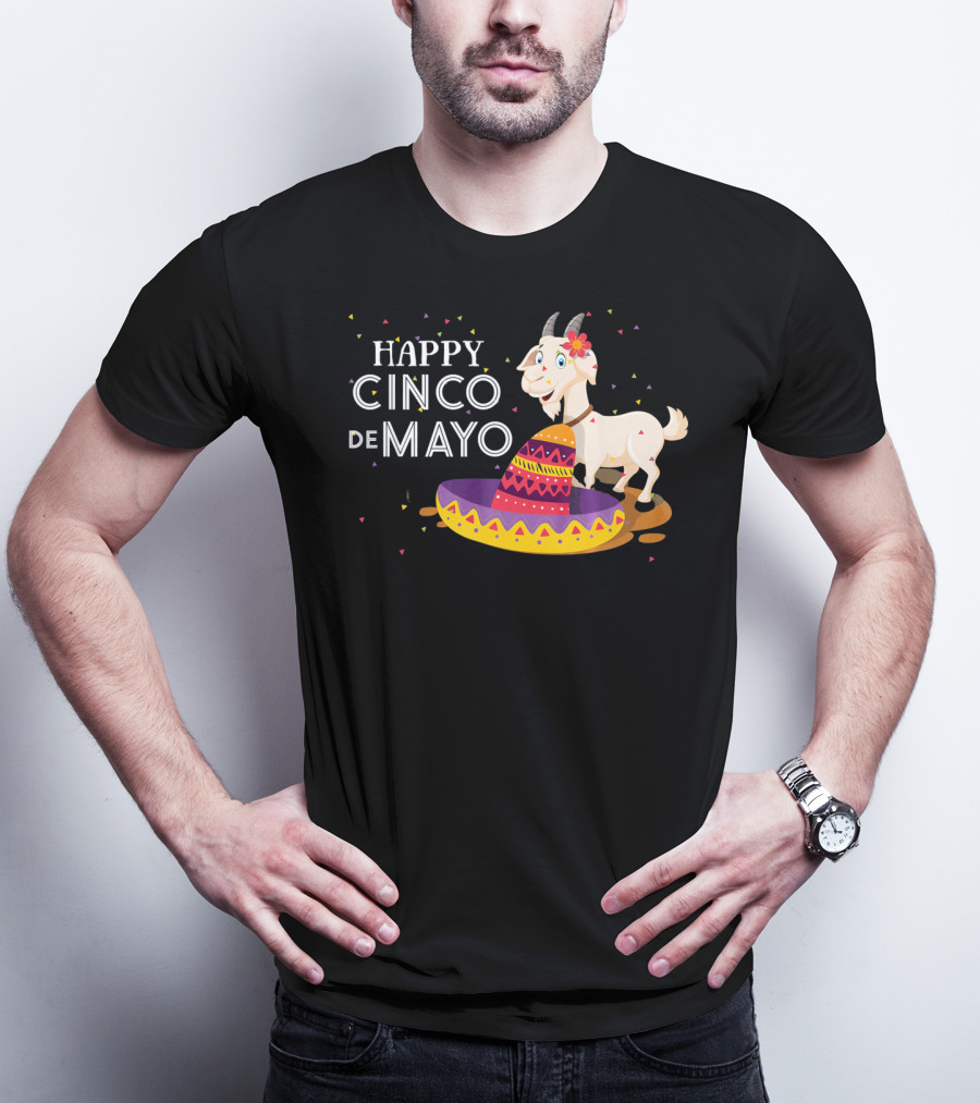 Happy Cinco De Mayo Funny Goat With Sombrero And Colorful Confetti T-Shirt