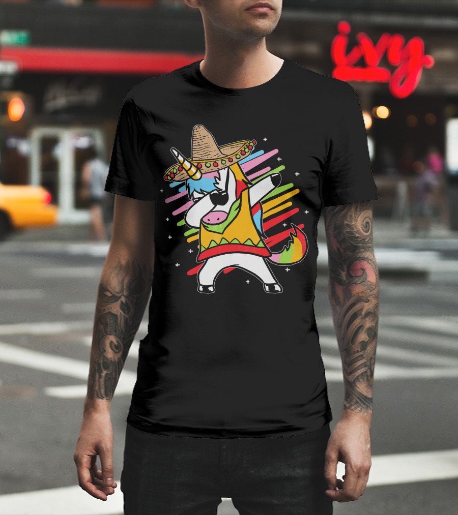 Dabbing Unicorn Cinco De Mayo Sombrero Rainbow Mexican Colors T-Shirt