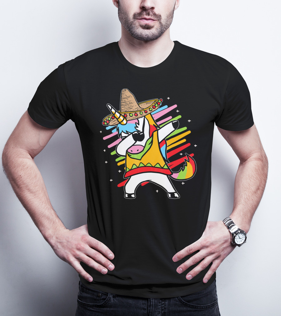 Dabbing Unicorn Cinco De Mayo Sombrero Rainbow Mexican Colors T-Shirt