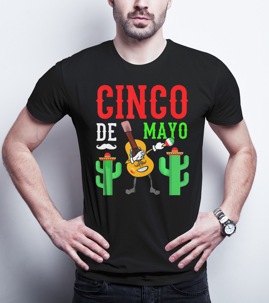 Cinco De Mayo Dabbing Guitar With Cactus And Mustache T-Shirt