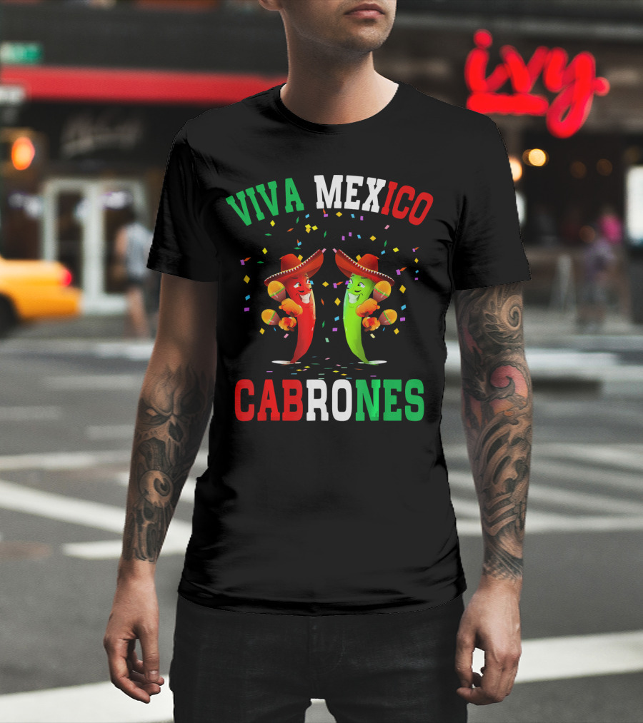 Viva Mexico Cabrones Red Green Chili Peppers Sombreros Confetti T-Shirt